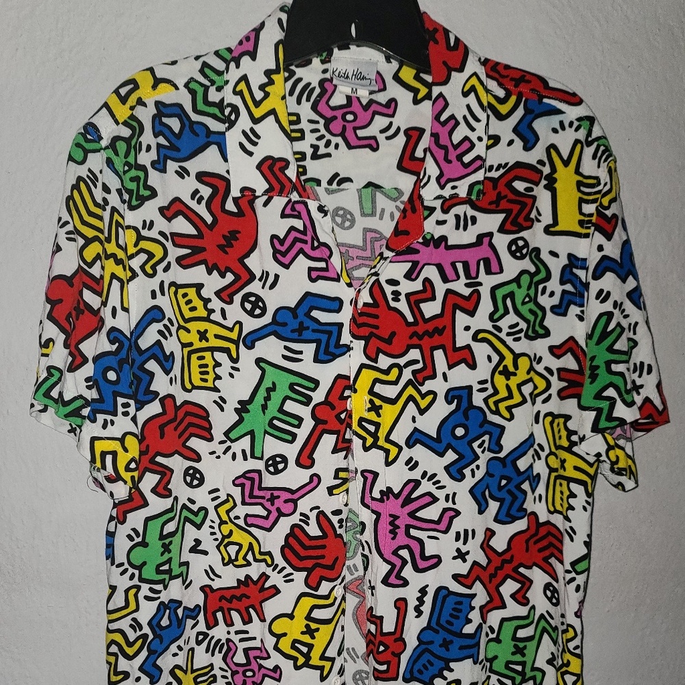 Keith Haring All Over Iconic Print Button Down Short … - Gem